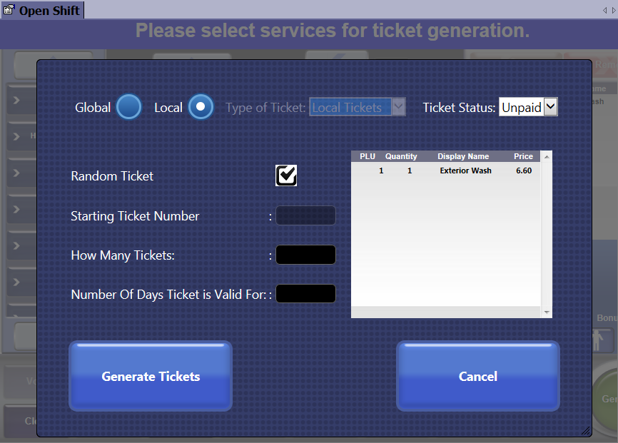 WashConnect WebHelp Version 1.7.4 > Home > Touch POS > Open Shift - POS > TicketGen > Ticket ...